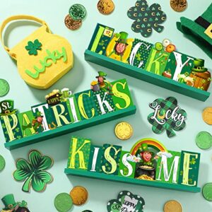 3 pcs st. patrick’s day table decoration wood happy st patrick’s day sign irish lucky table centerpiece green shamrocks leprechaun table topper sign for st. patrick’s day party home table decor