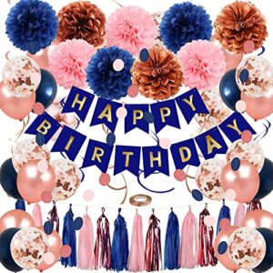 navy rose gold blue birthday party decorations set with happy birthday banner, tissue paper pom, circle dots garland and tassel garland for for women grils navy rose gold birthday party