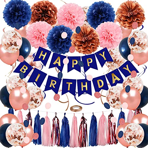 Navy Rose Gold Blue Birthday Party Decorations Set with Happy Birthday banner, Tissue Paper Pom, Circle Dots Garland and Tassel Garland for for Women Grils Navy Rose Gold Birthday Party