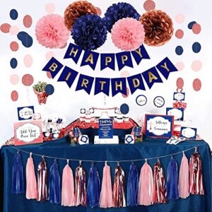 Navy Rose Gold Blue Birthday Party Decorations Set with Happy Birthday banner, Tissue Paper Pom, Circle Dots Garland and Tassel Garland for for Women Grils Navy Rose Gold Birthday Party