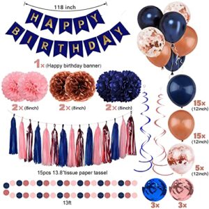 Navy Rose Gold Blue Birthday Party Decorations Set with Happy Birthday banner, Tissue Paper Pom, Circle Dots Garland and Tassel Garland for for Women Grils Navy Rose Gold Birthday Party