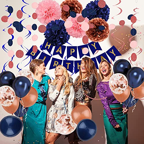 Navy Rose Gold Blue Birthday Party Decorations Set with Happy Birthday banner, Tissue Paper Pom, Circle Dots Garland and Tassel Garland for for Women Grils Navy Rose Gold Birthday Party