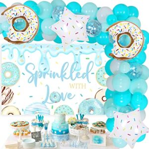 donut sprinkle baby shower decorations, sprinkled with love decorations, blue baby sprinkle balloon garland kit backdrop for boy baby shower party supplies