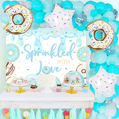 Donut Sprinkle Baby Shower Decorations, Sprinkled with Love Decorations, Blue Baby Sprinkle Balloon Garland Kit Backdrop for Boy Baby Shower Party Supplies