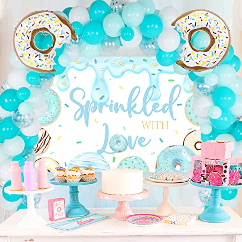 Donut Sprinkle Baby Shower Decorations, Sprinkled with Love Decorations, Blue Baby Sprinkle Balloon Garland Kit Backdrop for Boy Baby Shower Party Supplies