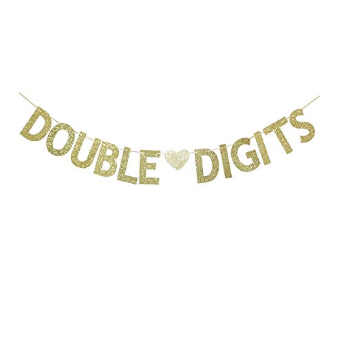 Double Digits Gold Glitter Paper Sign Banner, 10th Birthday Party Bunting Decorations Supplies