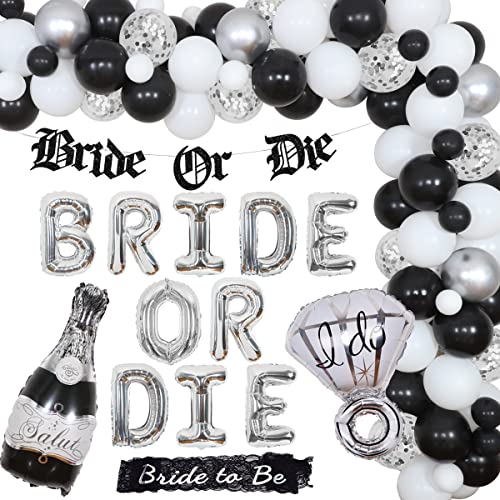 Bachelorette Party Decorations Black and Silver - Bride or Die Bachelorette Party Supplies, Bride or Die Balloon Banner Ring Foil Balloon Bride To Be Sash for Bridal Shower Hen Engagement