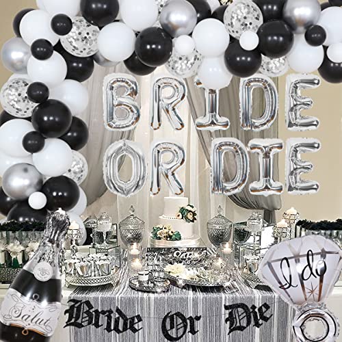 Bachelorette Party Decorations Black and Silver - Bride or Die Bachelorette Party Supplies, Bride or Die Balloon Banner Ring Foil Balloon Bride To Be Sash for Bridal Shower Hen Engagement