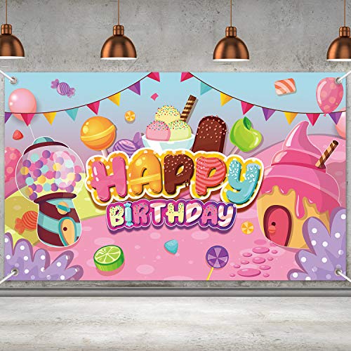 Candyland Birthday Party Decorations Donut Ice Cream Birthday Banner Backdrop Large Sweet Candy Happy Birthday Yard Sign backgroud Candy Themed Birthday Party Indoor Outdoor Car Decorations Supplies