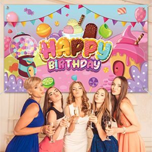 Candyland Birthday Party Decorations Donut Ice Cream Birthday Banner Backdrop Large Sweet Candy Happy Birthday Yard Sign backgroud Candy Themed Birthday Party Indoor Outdoor Car Decorations Supplies