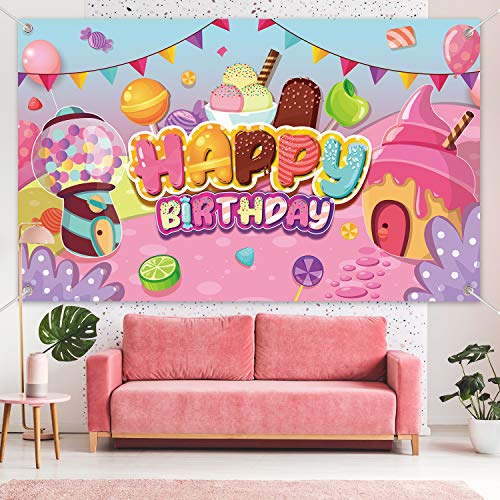 Candyland Birthday Party Decorations Donut Ice Cream Birthday Banner Backdrop Large Sweet Candy Happy Birthday Yard Sign backgroud Candy Themed Birthday Party Indoor Outdoor Car Decorations Supplies