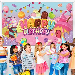 Candyland Birthday Party Decorations Donut Ice Cream Birthday Banner Backdrop Large Sweet Candy Happy Birthday Yard Sign backgroud Candy Themed Birthday Party Indoor Outdoor Car Decorations Supplies