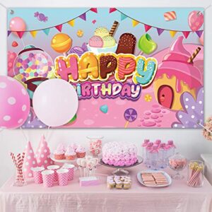 Candyland Birthday Party Decorations Donut Ice Cream Birthday Banner Backdrop Large Sweet Candy Happy Birthday Yard Sign backgroud Candy Themed Birthday Party Indoor Outdoor Car Decorations Supplies