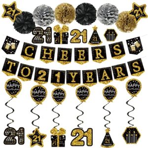 21st birthday decorations for him – (21pack) cheers to 21 years black gold glitter banner for him her, 6 paper poms, 6 hanging swirl, 7 decorations stickers. 21 years old party supplies gifts for him