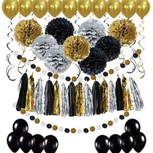 Black and Gold Party Decorations - Masquerade and Birthday Party Decorations with DIY Paper Pom Poms Flowers, Tassel Garland, Balloons, Hanging Swirl, Circle Paper Garland - 58Pcs