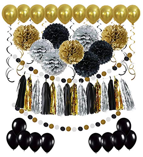 Black and Gold Party Decorations - Masquerade and Birthday Party Decorations with DIY Paper Pom Poms Flowers, Tassel Garland, Balloons, Hanging Swirl, Circle Paper Garland - 58Pcs