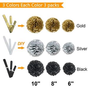 Black and Gold Party Decorations - Masquerade and Birthday Party Decorations with DIY Paper Pom Poms Flowers, Tassel Garland, Balloons, Hanging Swirl, Circle Paper Garland - 58Pcs