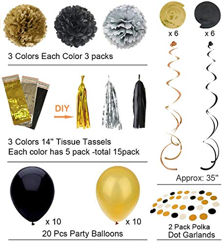 Black and Gold Party Decorations - Masquerade and Birthday Party Decorations with DIY Paper Pom Poms Flowers, Tassel Garland, Balloons, Hanging Swirl, Circle Paper Garland - 58Pcs