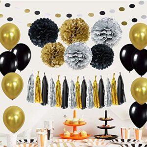 Black and Gold Party Decorations - Masquerade and Birthday Party Decorations with DIY Paper Pom Poms Flowers, Tassel Garland, Balloons, Hanging Swirl, Circle Paper Garland - 58Pcs