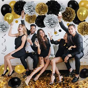 Black and Gold Party Decorations - Masquerade and Birthday Party Decorations with DIY Paper Pom Poms Flowers, Tassel Garland, Balloons, Hanging Swirl, Circle Paper Garland - 58Pcs