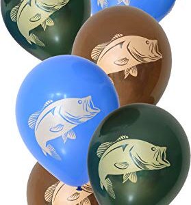 Havercamp 6 Count Gone Fishin' Party Balloons 12" | Latex 3 colors, 6-Pack | Largemouth Bass on Both Sides