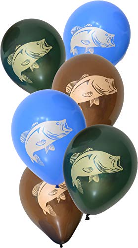 Havercamp 6 Count Gone Fishin' Party Balloons 12" | Latex 3 colors, 6-Pack | Largemouth Bass on Both Sides