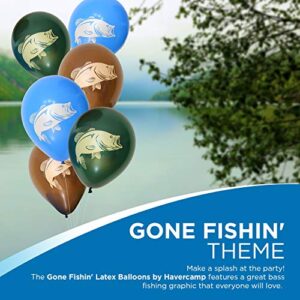 Havercamp 6 Count Gone Fishin' Party Balloons 12" | Latex 3 colors, 6-Pack | Largemouth Bass on Both Sides