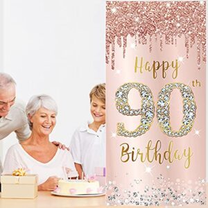 90th Birthday Door Banner Decorations for Women, Pink Rose Gold Happy 90th Birthday Door Cover Backdrop Party Supplies, Large 90 Year Old Birthday Poster Sign Decor