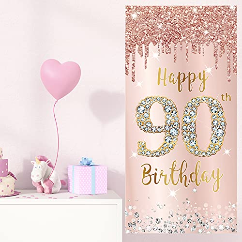 90th Birthday Door Banner Decorations for Women, Pink Rose Gold Happy 90th Birthday Door Cover Backdrop Party Supplies, Large 90 Year Old Birthday Poster Sign Decor