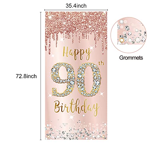 90th Birthday Door Banner Decorations for Women, Pink Rose Gold Happy 90th Birthday Door Cover Backdrop Party Supplies, Large 90 Year Old Birthday Poster Sign Decor