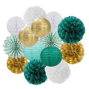 sage-green teal-gold baby-shower party decorations – 14pcs rustic wedding paper lanterns fan,tissue pom poms streamers,honeycomb balls,birthday bachelorette engagement bridal decor lasting surprise