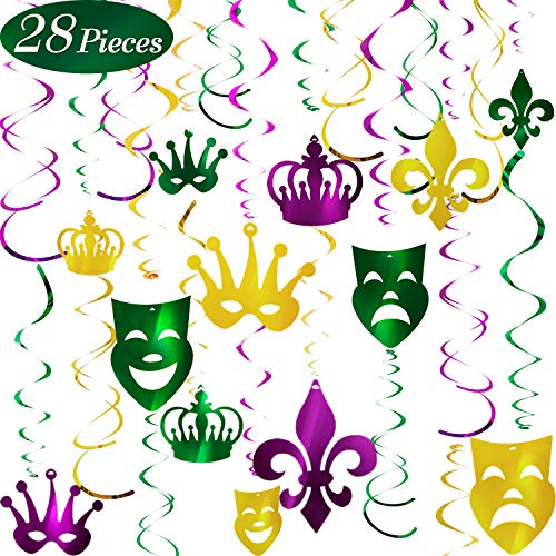 28 Pieces Mardi Gras Party Hanging Swirls Foil Swirl Ceiling Decoration Mardi Gras Hanging Decoration Mardi Gras Party Supplies Fat Tuesday Party Decoration Swirls