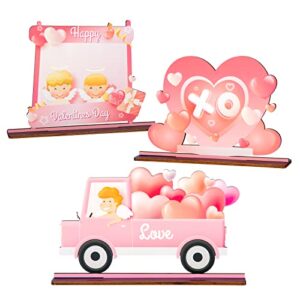 3 pcs valentine’s day wooden sign table decor, romantic tabletop centerpiece signs valentine decorations for tables, wood love heart car gift valentines day decor for home wedding anniversary party supplies