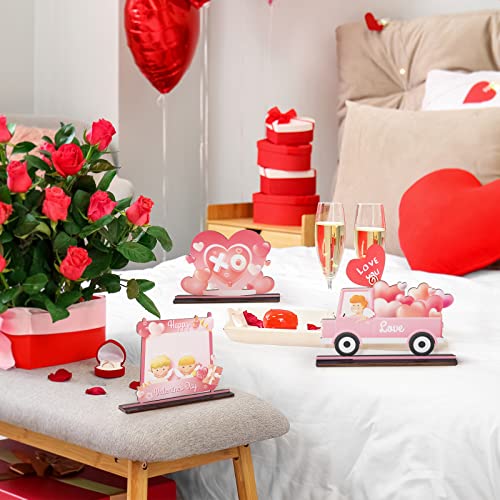 3 Pcs Valentine's Day Wooden Sign Table Decor, Romantic Tabletop Centerpiece Signs Valentine Decorations for Tables, Wood Love Heart Car Gift Valentines Day Decor for Home Wedding Anniversary Party Supplies