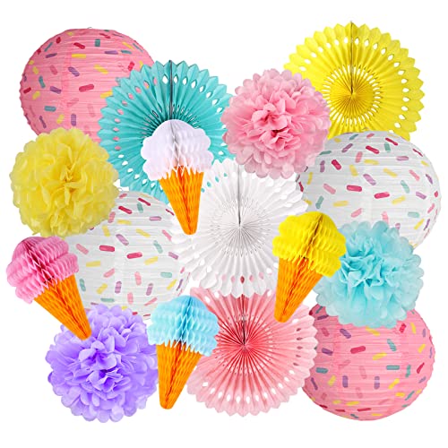 Donut Party Decorations, Donut Birthday Party Supplies, Hanging Donut Paper Lanterns Party Fans Pom Poms Flowers for Baby Shower Two Sweet Birthday Party Ice Cream Party