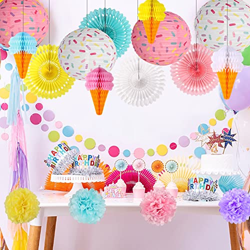 Donut Party Decorations, Donut Birthday Party Supplies, Hanging Donut Paper Lanterns Party Fans Pom Poms Flowers for Baby Shower Two Sweet Birthday Party Ice Cream Party