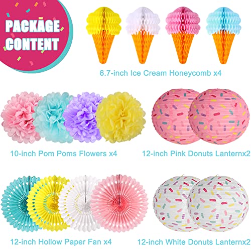 Donut Party Decorations, Donut Birthday Party Supplies, Hanging Donut Paper Lanterns Party Fans Pom Poms Flowers for Baby Shower Two Sweet Birthday Party Ice Cream Party