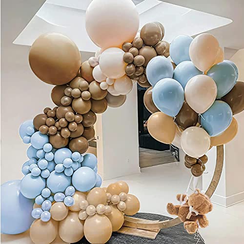 Blue Brown Balloon Garland Double Stuffed Blush Balloon Arch Kit Latex Tan Balloons For Teddy Bear Baby Shower Neutral Birthday Graduation Party Anniversary luau Boho Safari Decorations