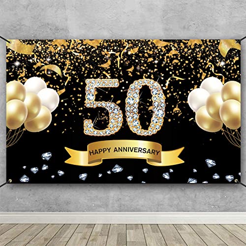 Trgowaul 50th Wedding Anniversary Decorations, Black Gold 50th Anniversary Banner Backdrop, Happy 50 Anniversary Party Supplies Decorations Party Banner Photography Background