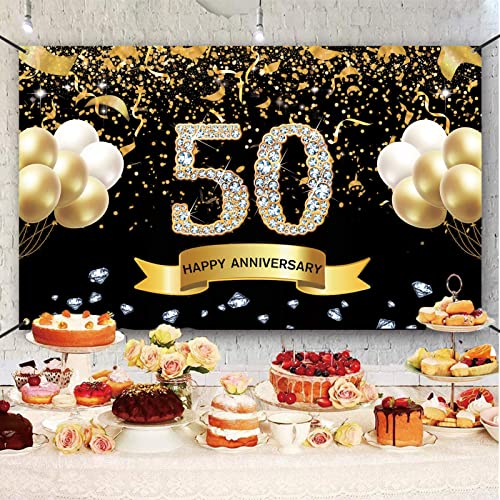 Trgowaul 50th Wedding Anniversary Decorations, Black Gold 50th Anniversary Banner Backdrop, Happy 50 Anniversary Party Supplies Decorations Party Banner Photography Background