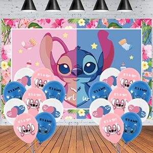 stitch and angel gender reveal party banner,stitch and angel backdrop 7×5 baby shower background gender reveal stitch or angel themed backdrops for party supplies blue or pink stitch background