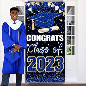 graduation party decorations 2023, congrats class of 2023 backdrop, 2023 blue graduation party decorations front door porch sign backdrop graduation 2023 indoor/outdoor party supplies