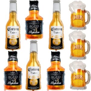 9pcs giant corona whisky beer mug mylar helium balloons, beer themed birthday party decoration supply (golden)