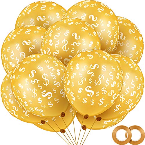 50 Pieces Golden Latex Balloons Symbol Theme Decorations with 2 Rolls of Gold Ribbons for Birthdays Weddings Retirement Baby Showers Party Anniversary Decorations, 12 Inch