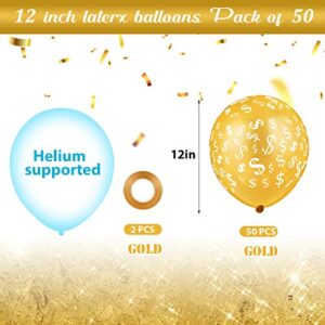 50 Pieces Golden Latex Balloons Symbol Theme Decorations with 2 Rolls of Gold Ribbons for Birthdays Weddings Retirement Baby Showers Party Anniversary Decorations, 12 Inch