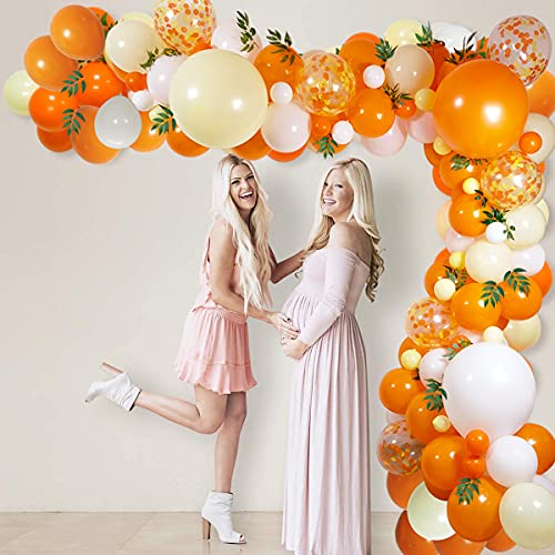 112pcs Little Cutie Orange Yellow White Balloon Garland Arch kit with Artificial Willow Leaves for Birthday Sunshine Baby Shower Bridal Shower Party Tangerine Theme Clementine Fruit Party Decors