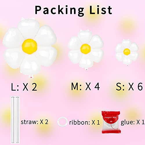 12 PCS Daisy Balloons Daisy Party Decorations Jansburg Foil Mylar Balloons Boho White Flower Balloon Garland Kit for Birthday Party Wedding Garland Décor 3 Mixed Sizes L/M/S