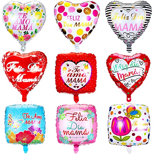 18 Pcs Mother's Day Party Balloons Set Aluminum Foil Happy Mother's Day Balloon Spanish Te Amo Mamá Red Heart Balloons for Mother's Day Party Birthday Decorations Supplies, 9 Styles