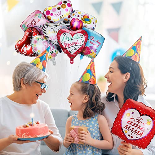 18 Pcs Mother's Day Party Balloons Set Aluminum Foil Happy Mother's Day Balloon Spanish Te Amo Mamá Red Heart Balloons for Mother's Day Party Birthday Decorations Supplies, 9 Styles