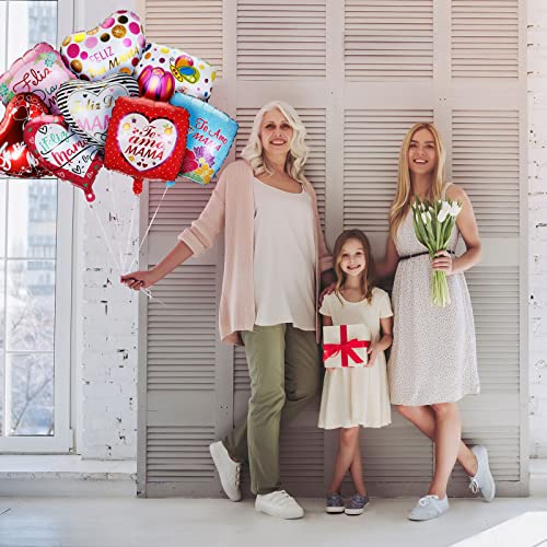 18 Pcs Mother's Day Party Balloons Set Aluminum Foil Happy Mother's Day Balloon Spanish Te Amo Mamá Red Heart Balloons for Mother's Day Party Birthday Decorations Supplies, 9 Styles